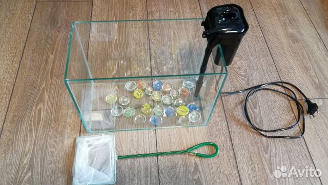 Аквариум 10 л. Навесной фильтр водопад. Сачок. Кам